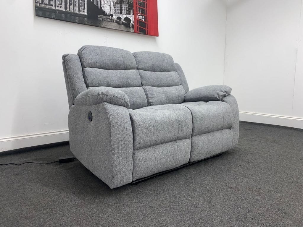"Lewson" Electric / Power Reclining Grey Fleck Fabric Sofa Set - USB C – Abode Furniture Outlet
