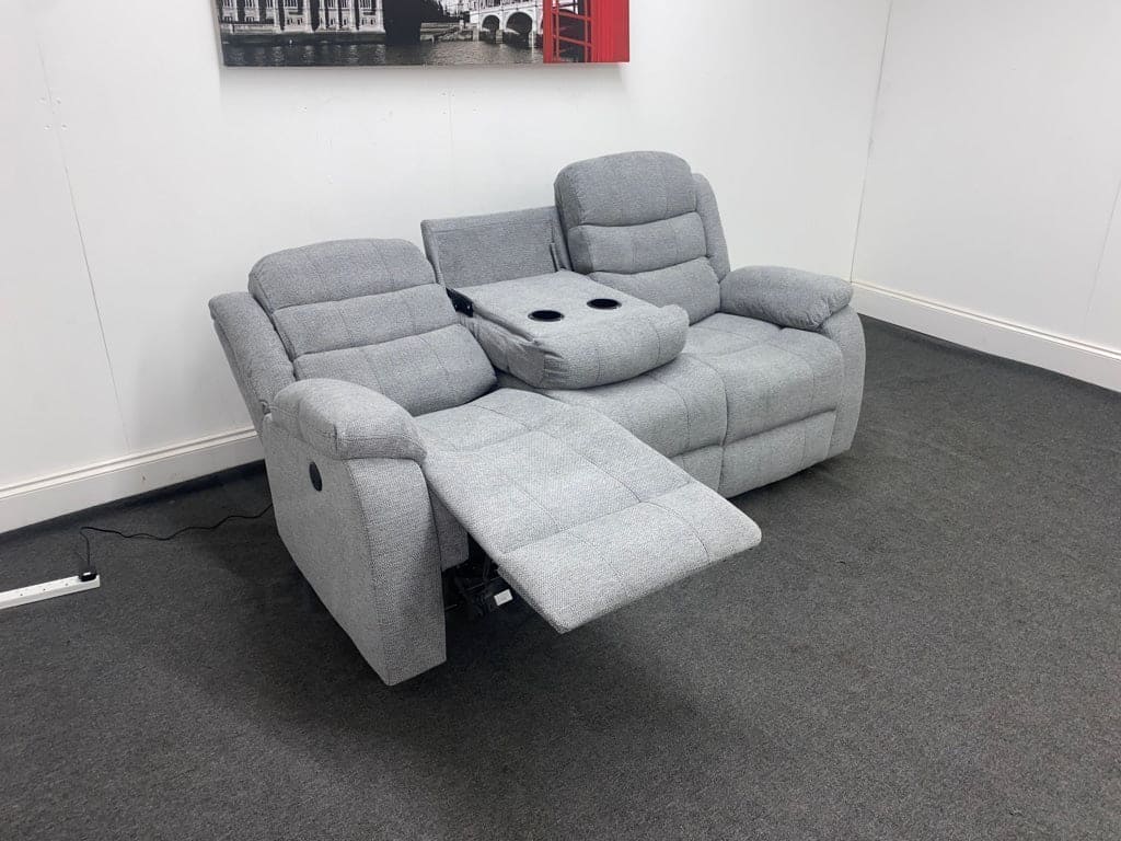 "Lewson" Electric / Power Reclining Grey Fleck Fabric Sofa Set - USB C – Abode Furniture Outlet