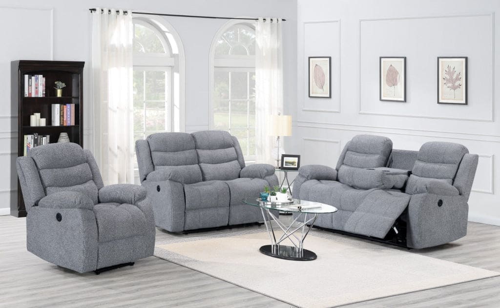 "Lewson" Electric / Power Reclining Grey Fleck Fabric Sofa Set - USB C ...
