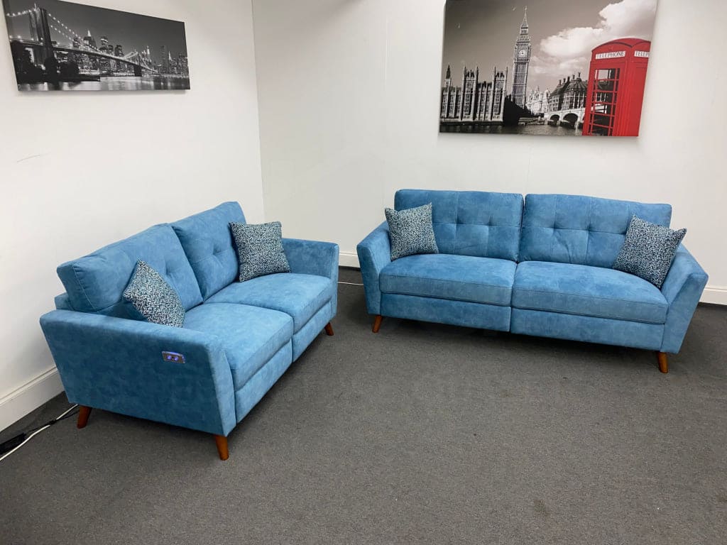 DFS Electric Recliner Blue Plush Velvet Fabric 3 Seater 2 Seater Ar Abode Furniture Outlet